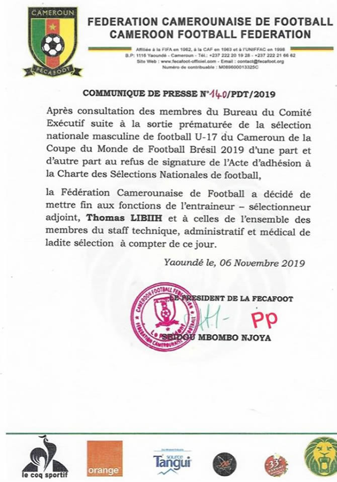 Le coach Thomas Libiih limogé de la sélection des U17 du Cameroun ...