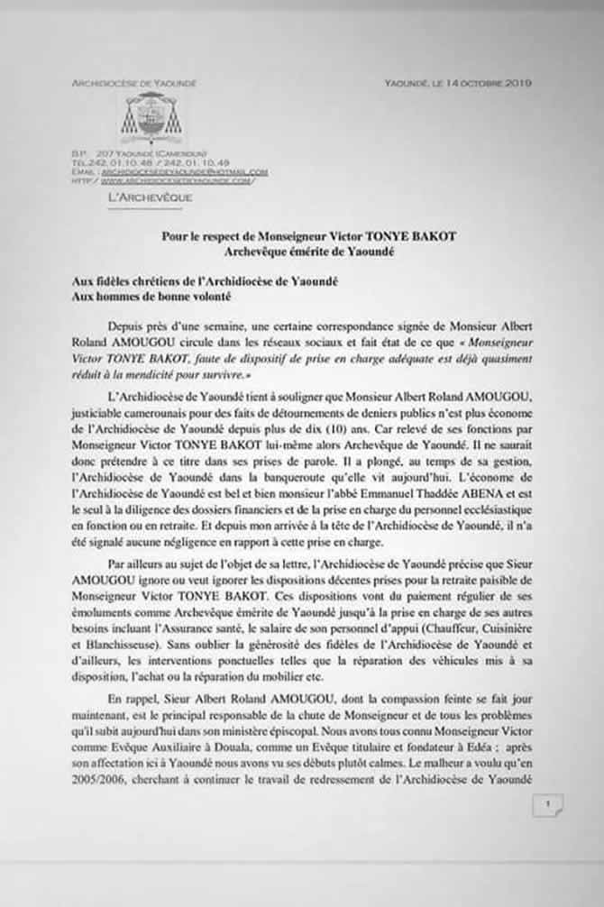 Mgr Jean Mbarga rÃ©agit aux accusations au sujet Mgr Tonye Bakot ...